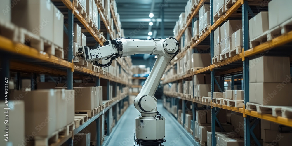White robotic arm is lifting a package from a shelf full of cardboard ...