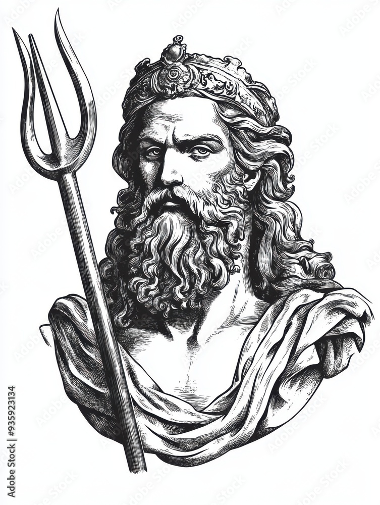 Black and white Vintage engraved art of a detailed half-body portrait ...