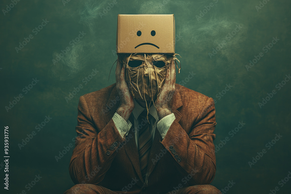 A businessman wearing an angry mask with his hands on his head, sitting ...