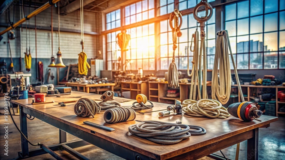 Various rigging equipment displayed on table in a well-lit workshop ...