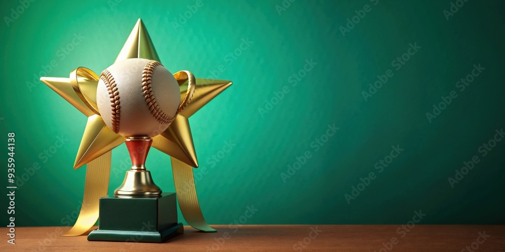 Baseball trophy with gold star and green ribbon on teal background ...