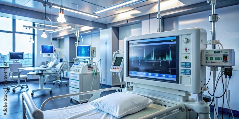 High-tech ICU room with cardiovascular monitor displaying vital signs ...