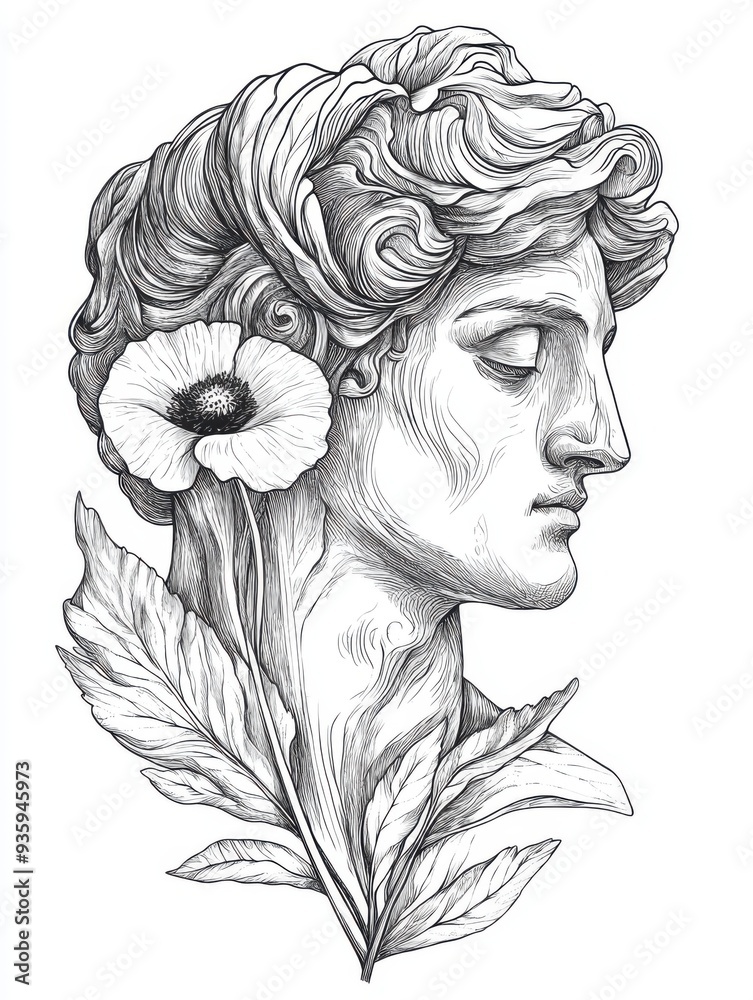 Black and white Vintage engraved art of a detailed half-body portrait ...