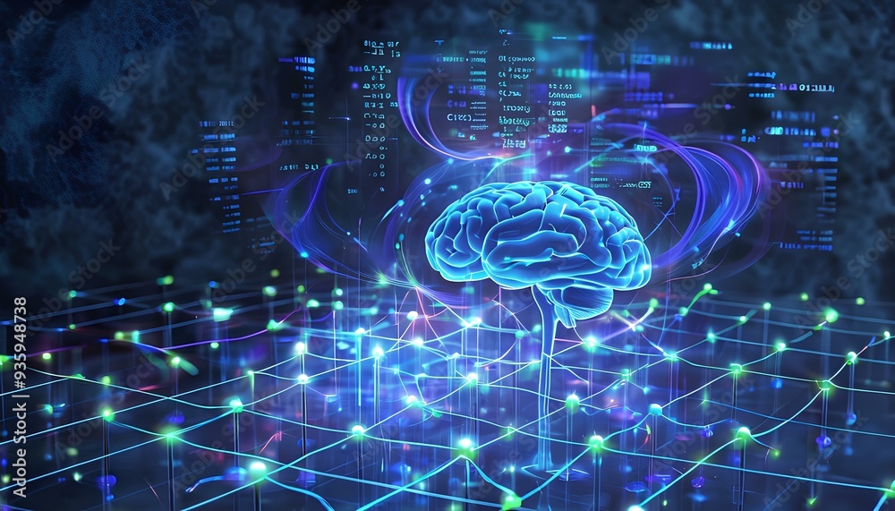 Machine learning, glowing 3D grid filled with data nodes, each node connected by vibrant ...