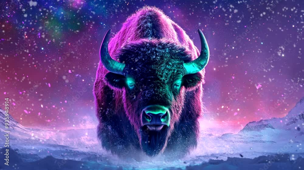 a bison with neon-glowing eyes on snow fall winter video animation ...