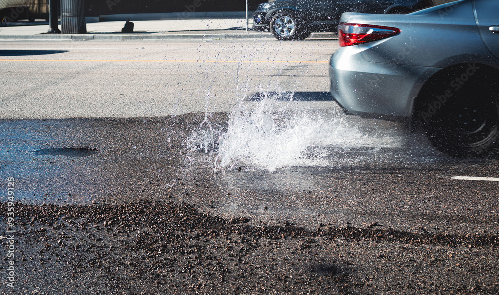 Car driving in pothole filled with water, creating a dramatic splash ...