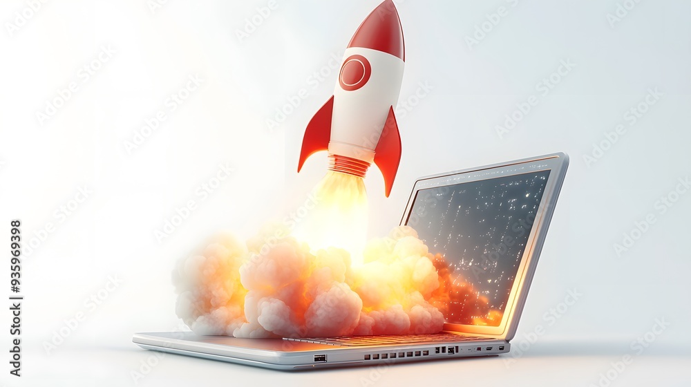 Cartoon-style rocket launching from laptop screen, pure white ...