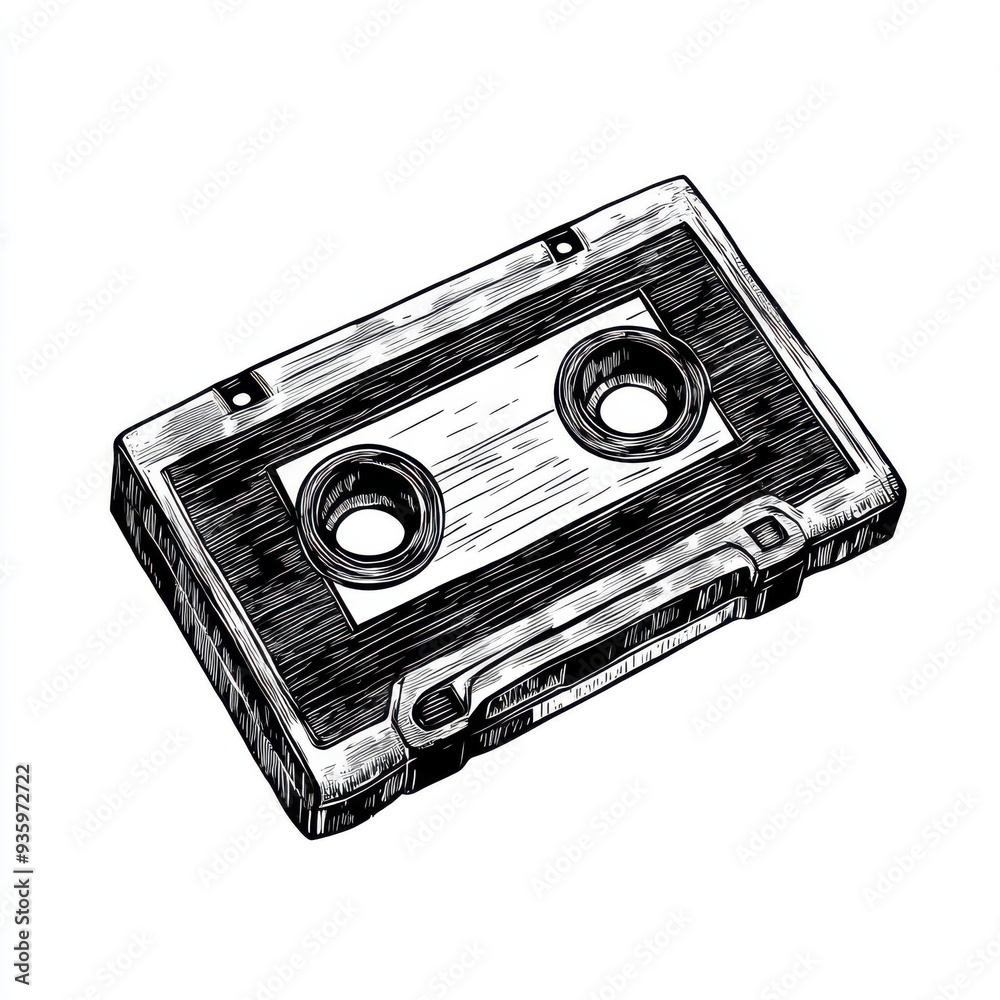 Black and white Vintage engraved art of a retro cassette tape, isolated ...