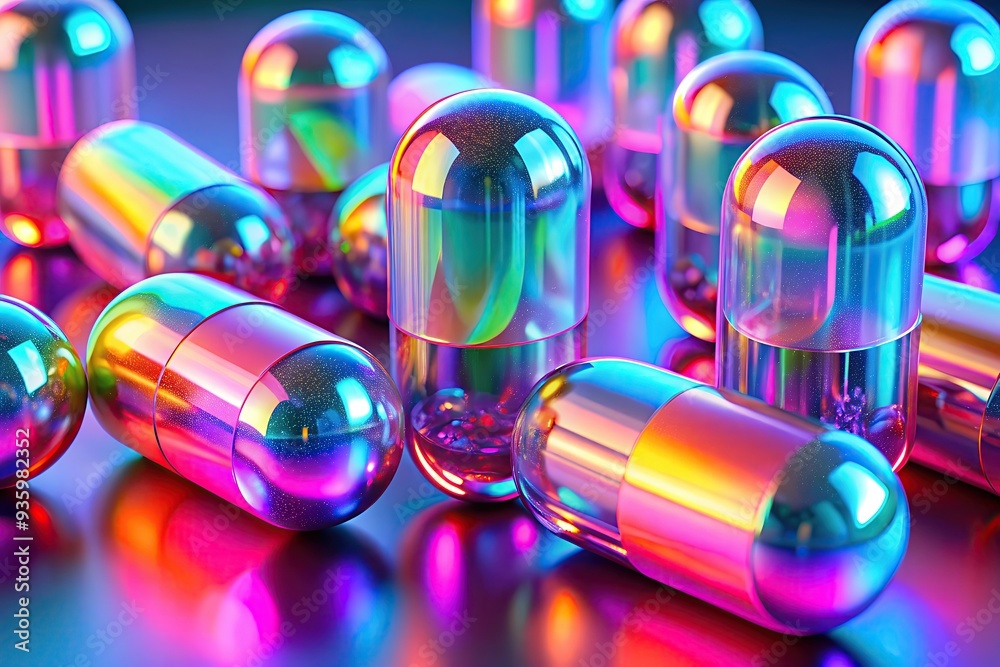 3D holographic glowing capsule and tablet with crystal dispersion ...