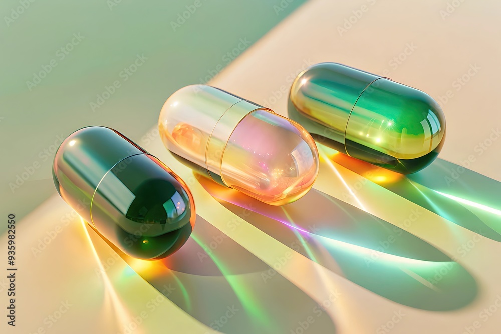 3D holographic glowing capsule and tablet with crystal dispersion ...