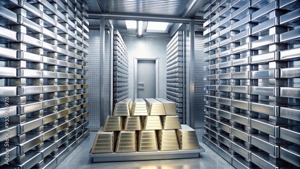 Fine Silver bars or ingots in bank vault background. Precious metal ...