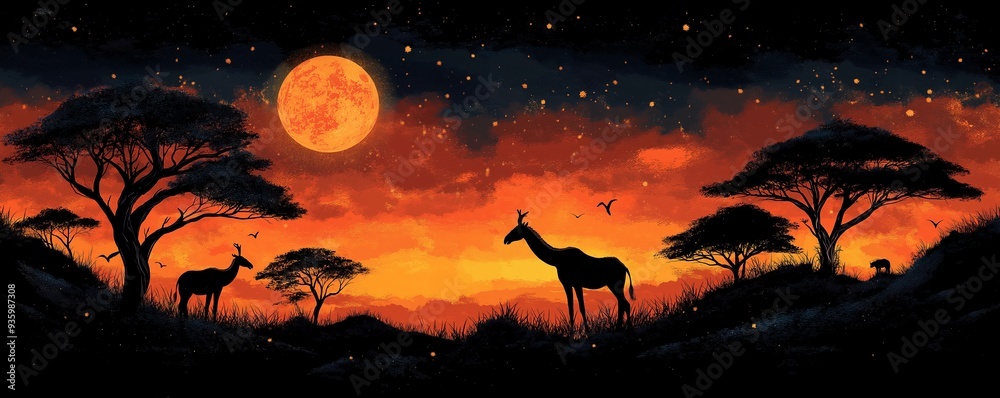 African tribal pattern. Sunset in the African savanna with silhouetted ...