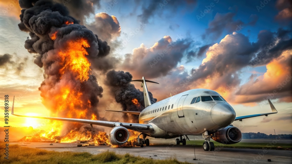of airplane crash accident with destroyed plane in an outdoor ...