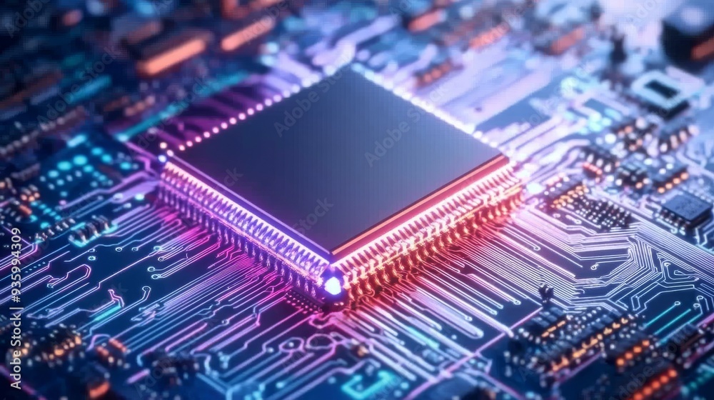 Optical microchip processor with lights on a blue background. The ...