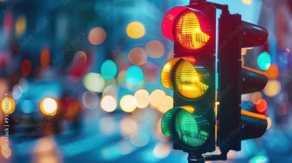 A dynamic traffic light background with a close-up of a traffic signal ...