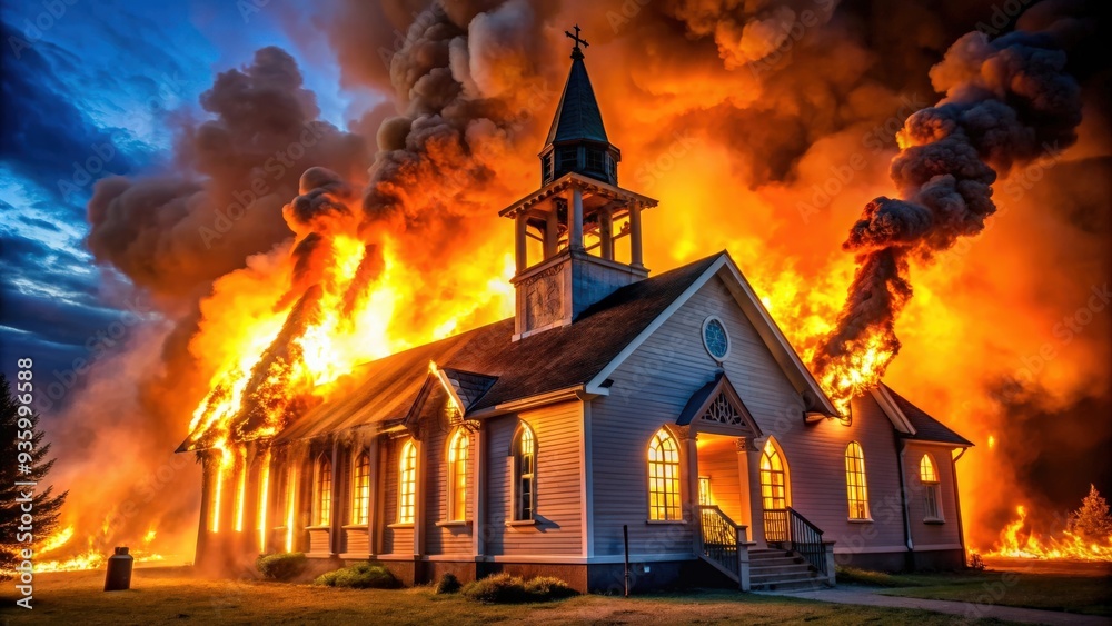 Intense church fire at night with billowing flames and smoke , burning ...