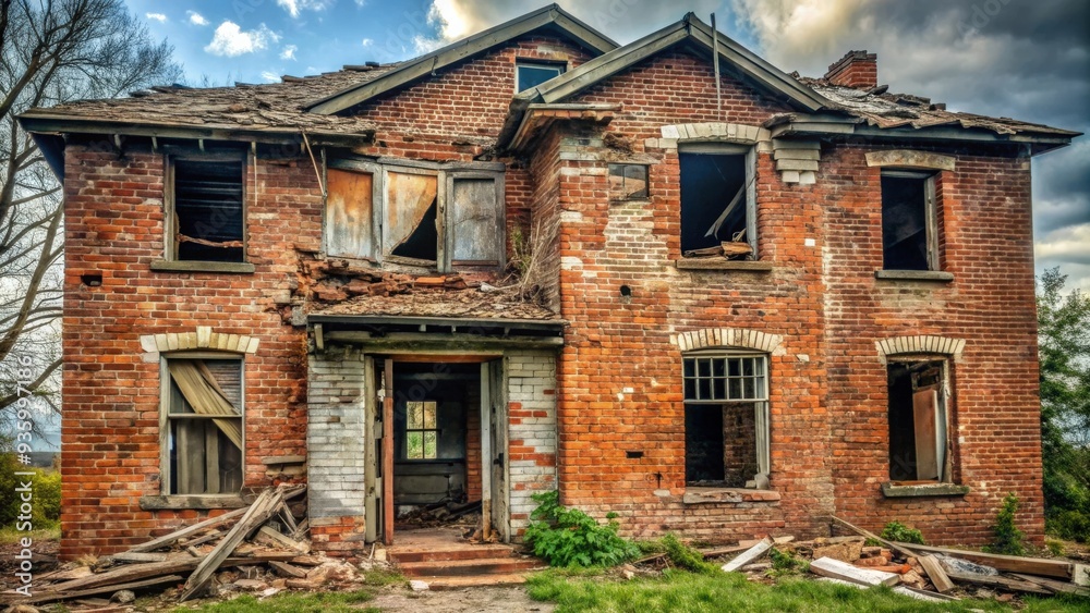 Old abandoned house with crumbling brick walls, shattered windows, and broken doors , Ruined ...