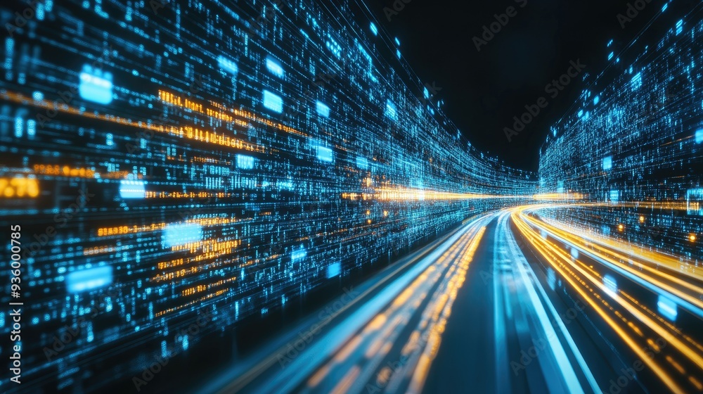 Digital data flow on road with motion blur to create vision of fast ...