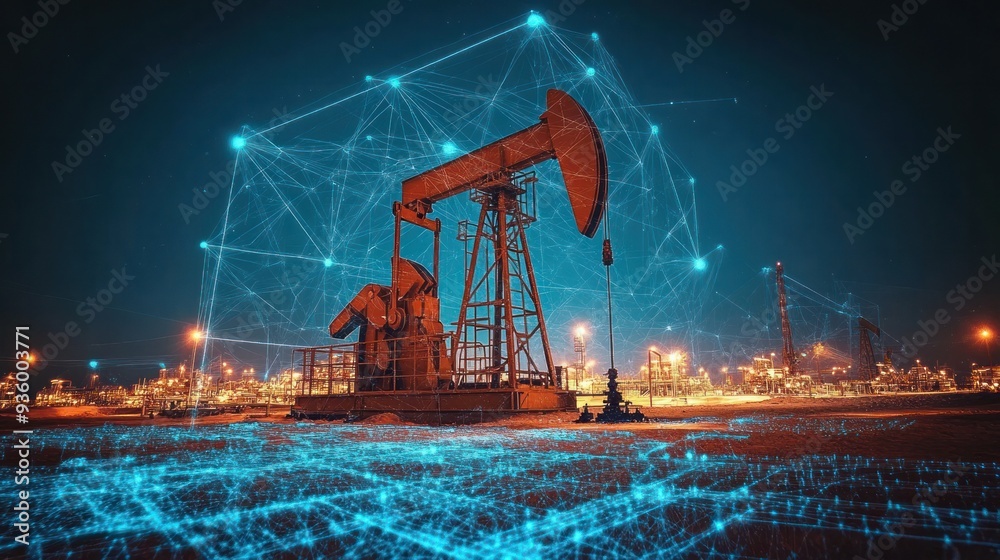 Holographic oil pump extracting machine with blue lines in oil field ...