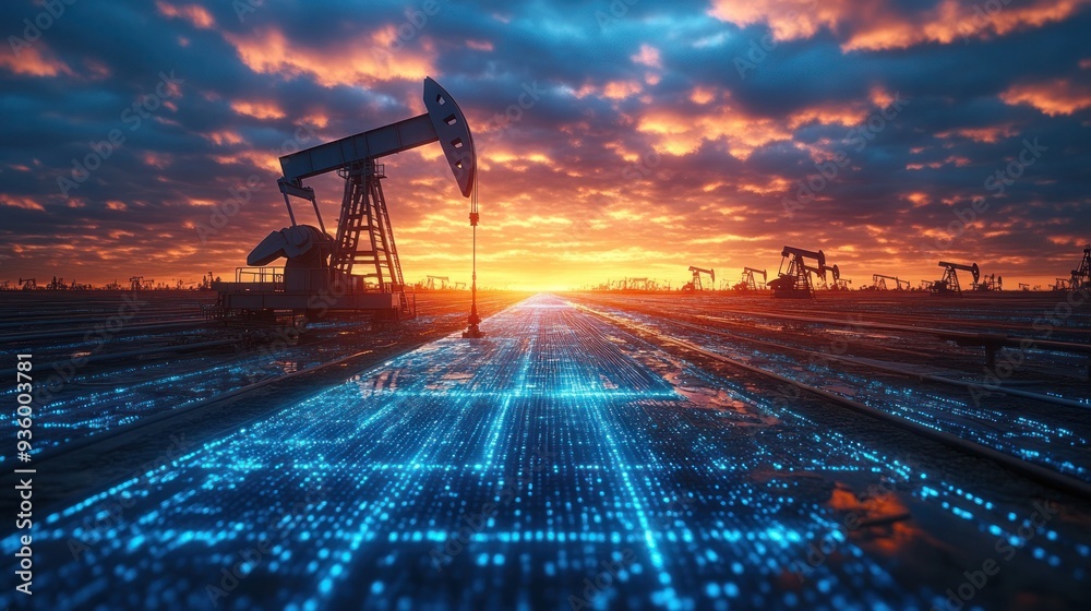 Holographic oil pump extracting machine with blue lines in oil field ...