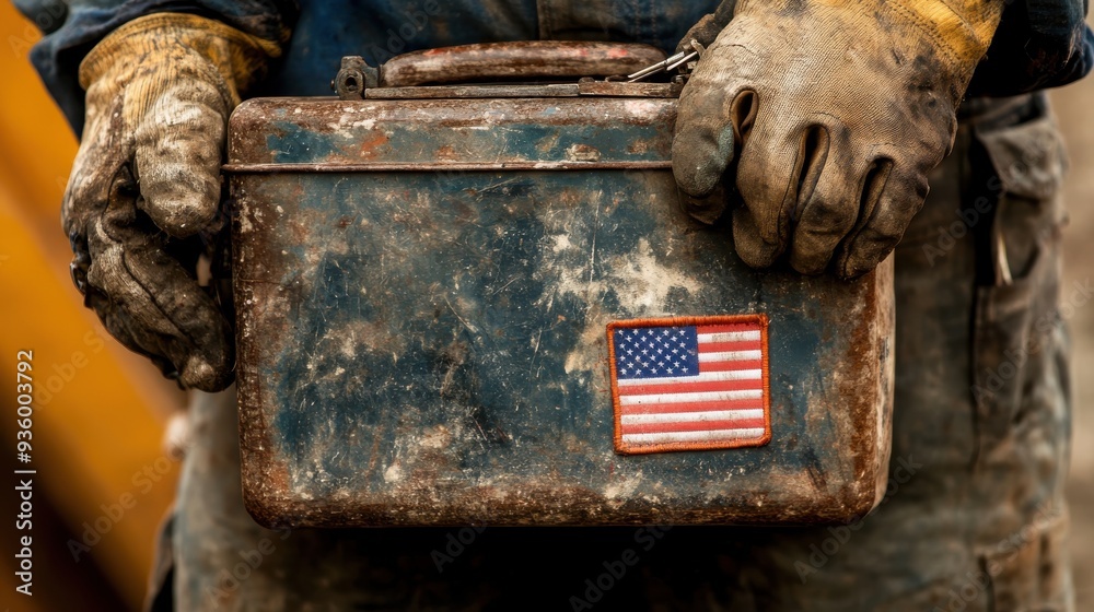 A close-up of a construction worker's hands holding a worn toolbox ...