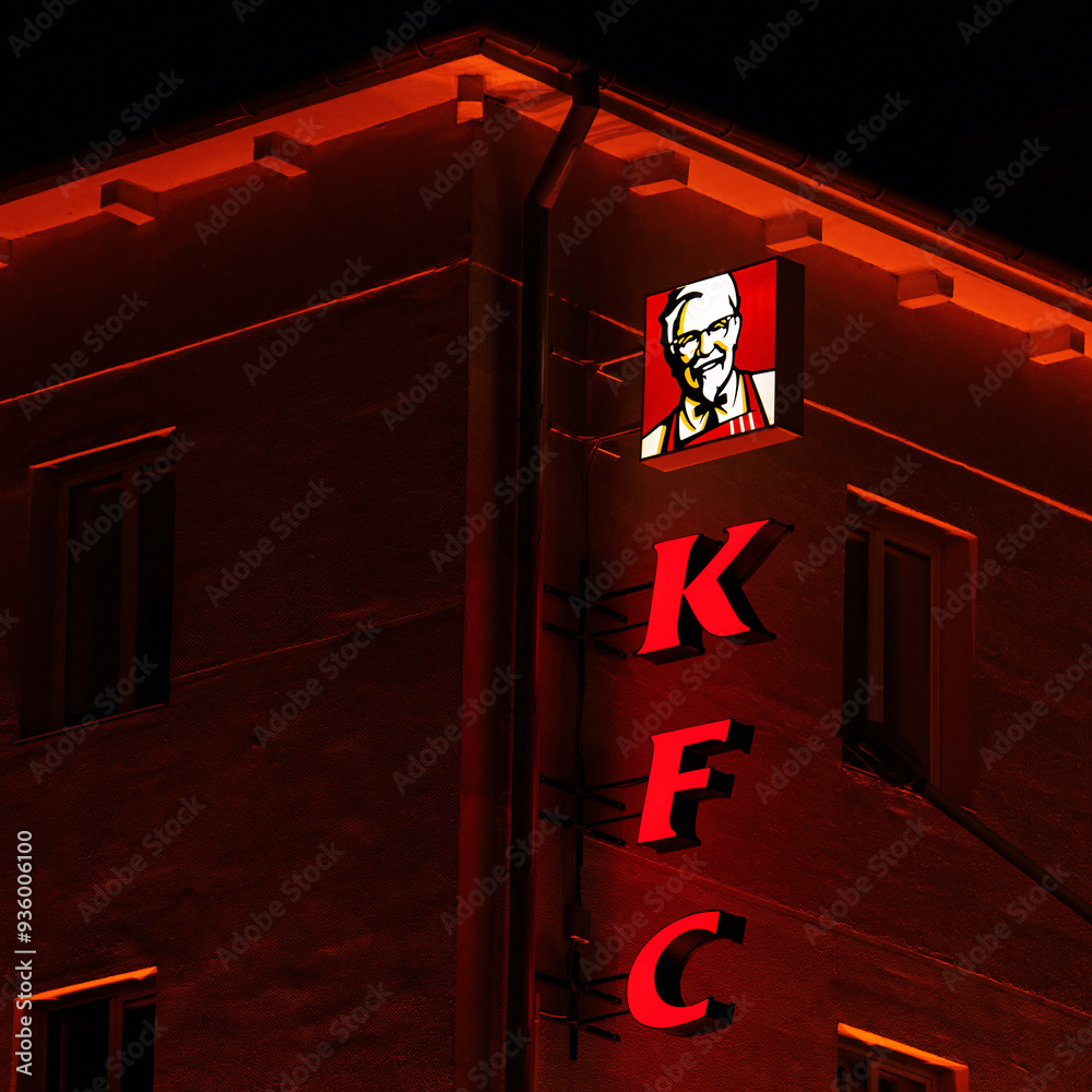 Minsk, Belarus. Aug 26, 2021. KFC restaurant glowing sign on building ...