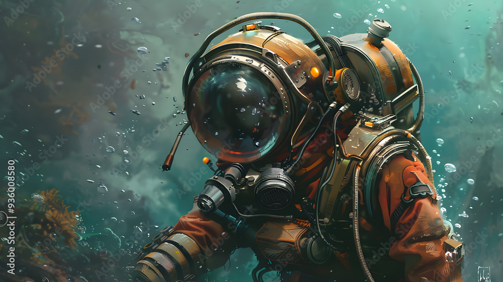 Deep-sea diver in a vintage diving suit with a helmet and gauges ...