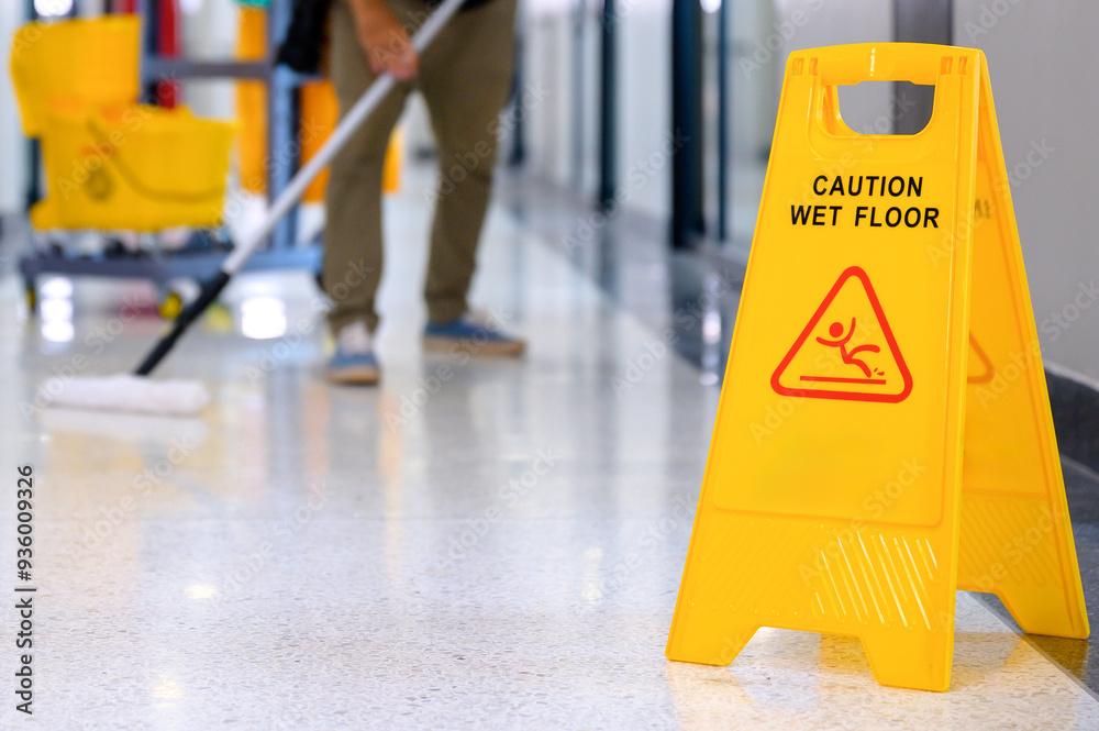 Focus on yellow wet floor warning sign and caution slippery sign ...