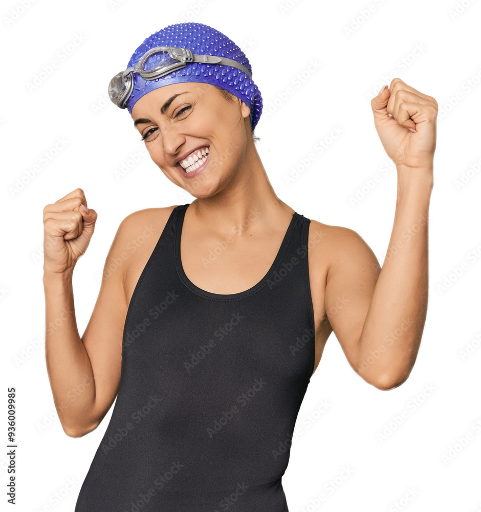 Young Caucasian female professional swimmer celebrating a special day ...