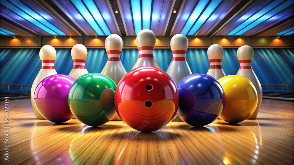 Ten pin bowling alley with colorful balls and pins, bowling, pins ...