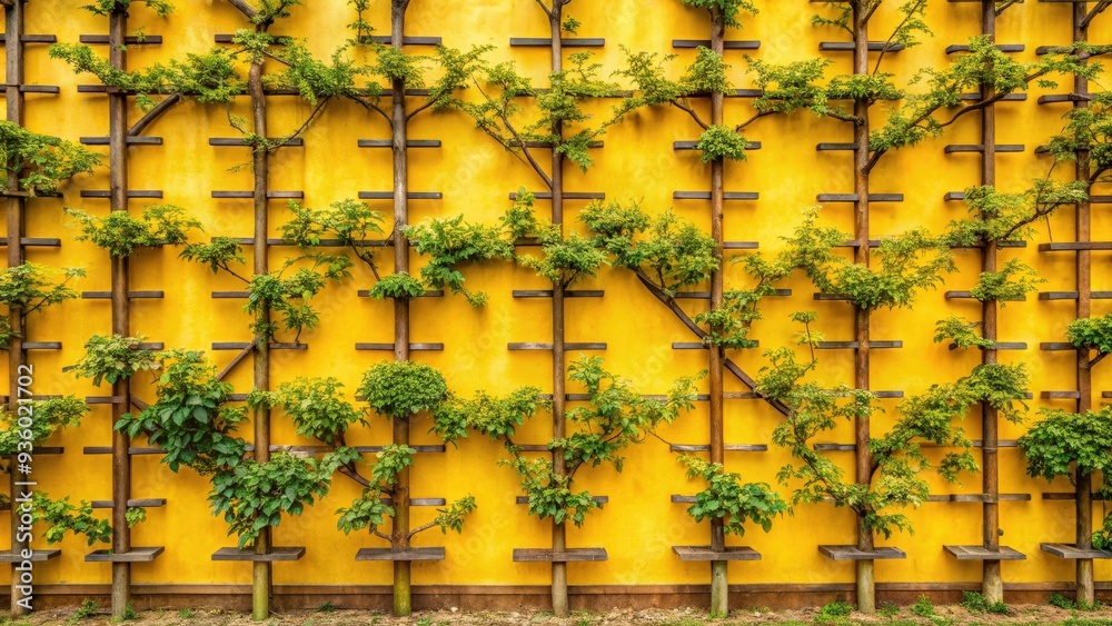 Green vines meticulously trained on a vibrant yellow trellis wall, showcasing vertical gardening ...