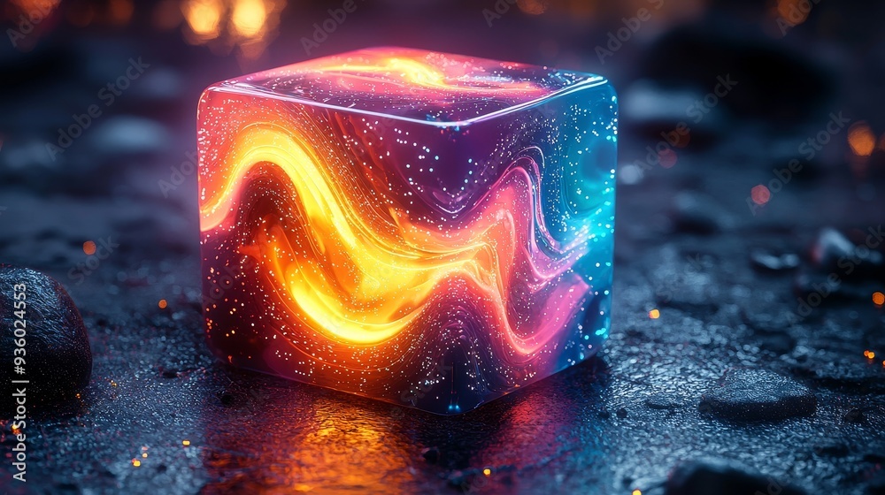 This beautiful 3D cube is composed of swirling abstract designs and ...