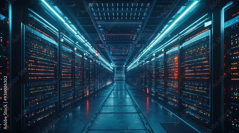 A high-tech data center with rows of servers, blinking lights, and AI-driven monitoring systems ...