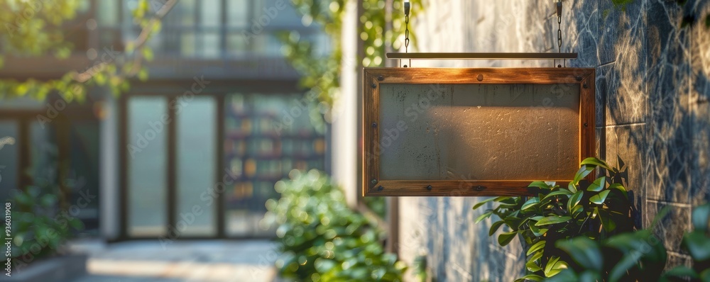 Urban environment using square wooden framed signs hanging from metal ...