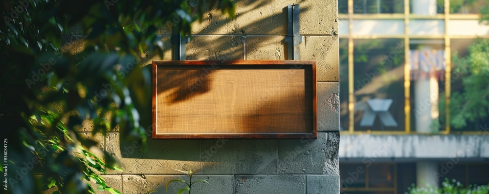 Urban environment using square wooden framed signs hanging from metal ...