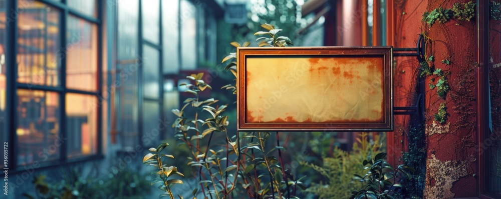 Urban environment with square wooden framed signs hanging from metal ...