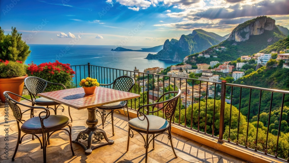 Street cafe and restaurant table with chair overlooking the stunning ...