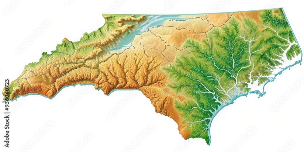 map of North Carolina state with detailed topography, North Carolina ...