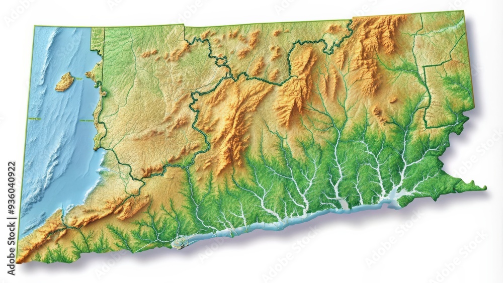 map of Connecticut with raised topography and detailed land features ...