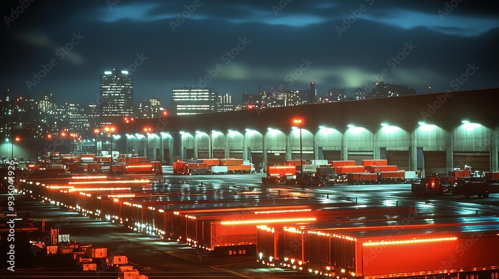 Night view of a fully operational distribution center with illuminated ...