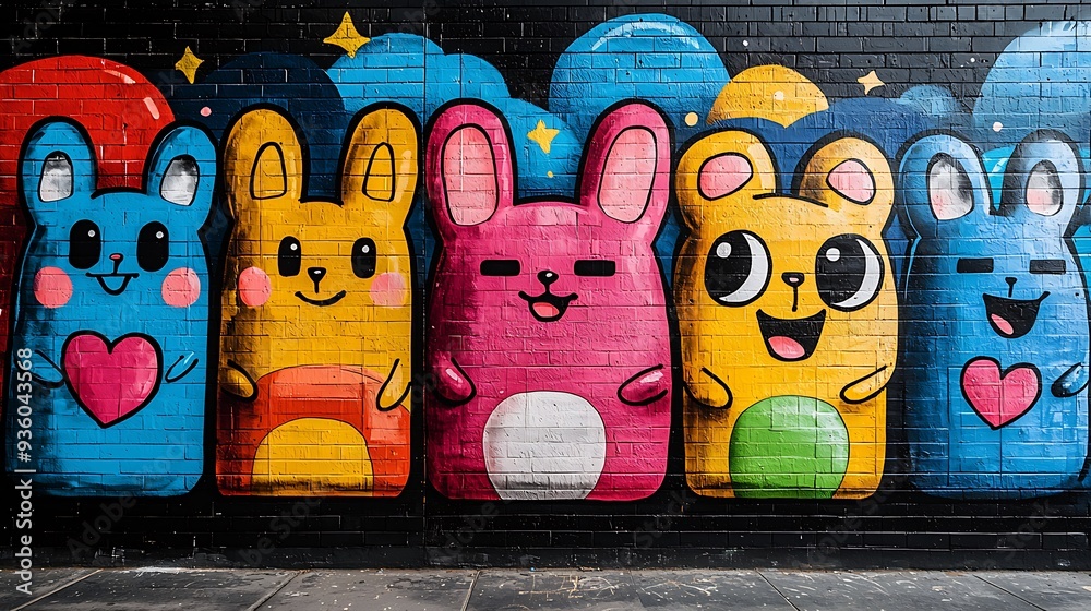 Graffiti-style scene with adorable cartoon animals, featuring vibrant ...