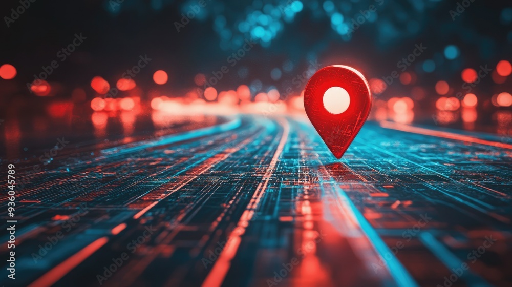 Red map pin standing on a high-tech road with digital navigation ...