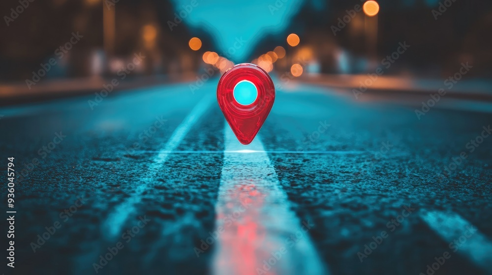 Red map pin standing on a high-tech road with digital navigation ...