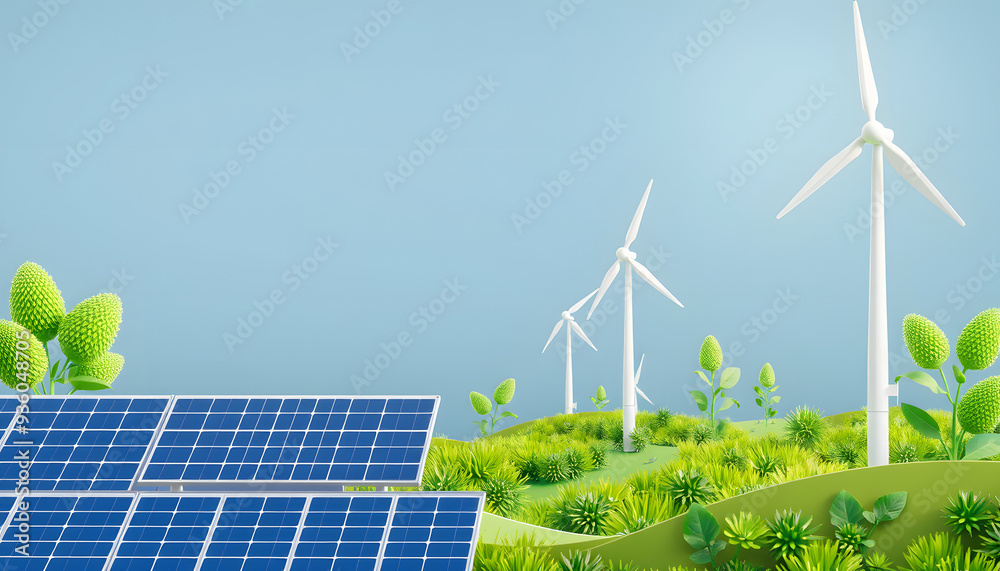 renewable energy banner background with green energy as wind turbines ...