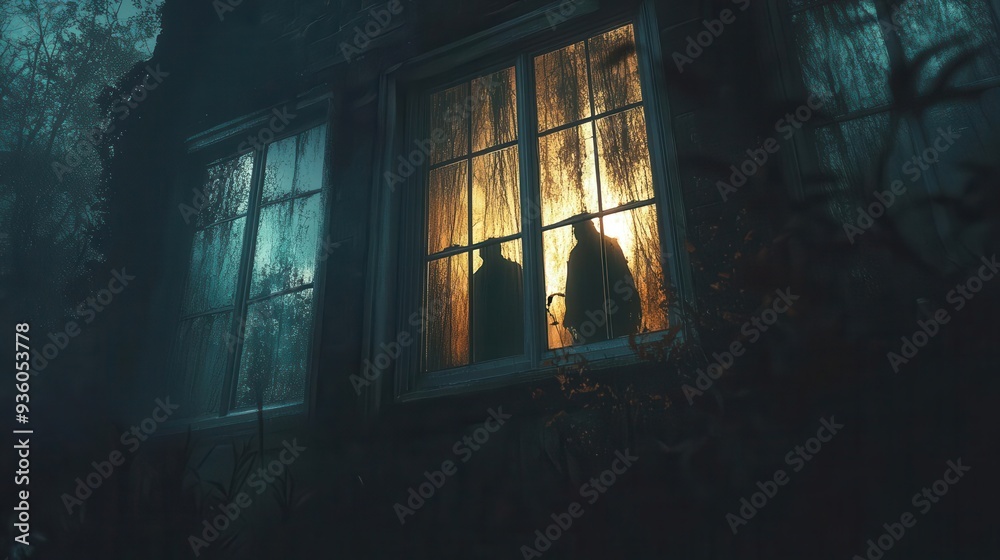 Haunted Halloween night haunted places with ghostly figures appearing in dark windows, captured ...