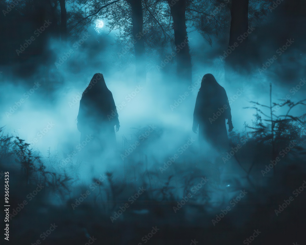 Haunted Halloween night myths with ghostly figures appearing in the ...