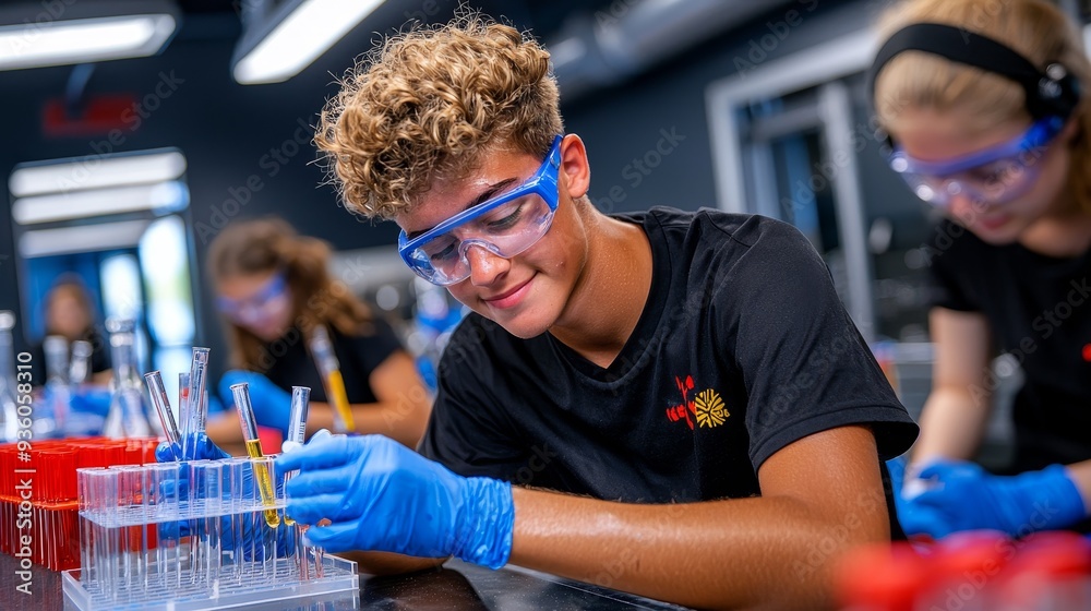 High school chemistry lab with students conducting experiments with ...