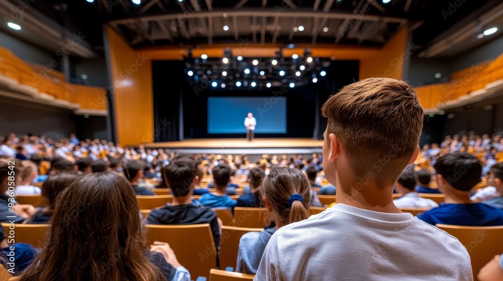 School assembly in an auditorium, students seated and a principal ...