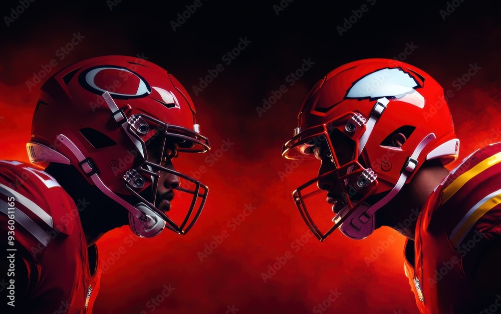 Intense face-off between two football players in vibrant team colors ...