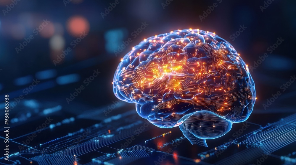 Human Brain Connected To A Neural Network Visualizing Thoughts As Glowing Circuits Stock